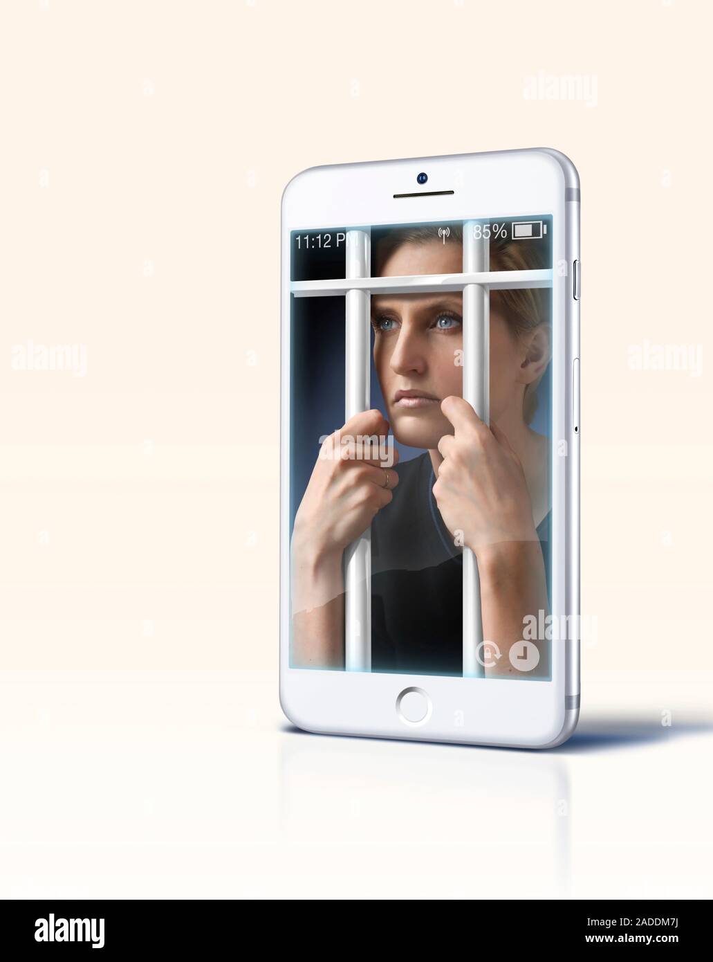 Psychology of mobile phones. Conceptual illustration of a woman trapped ...