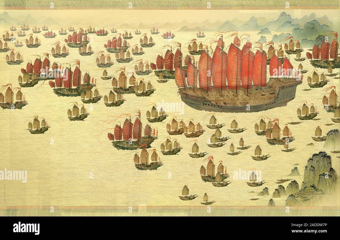 Chinese armada. Illustration showing the ships used by the Ming dynasty ...