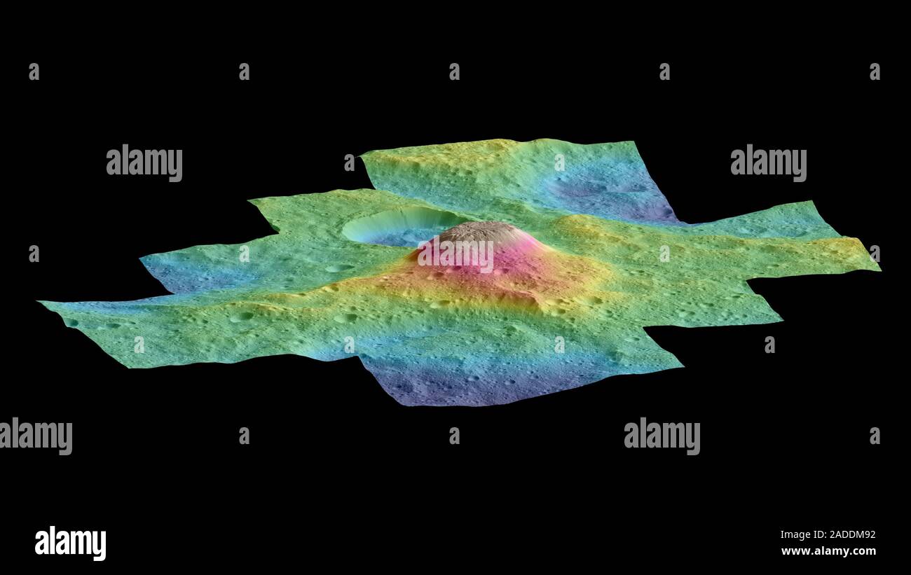 Ahuna Mons, Ceres. Coloured topographic satellite image showing the ...