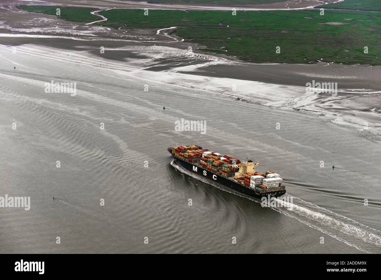 Barge with shipping containers, aerial photograph. MSC shipping barge ...