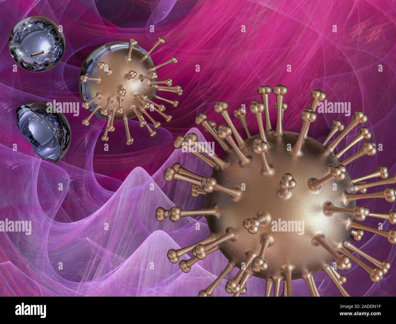 Medical nano-particle. Conceptual illustration showing three phases: 1 ...