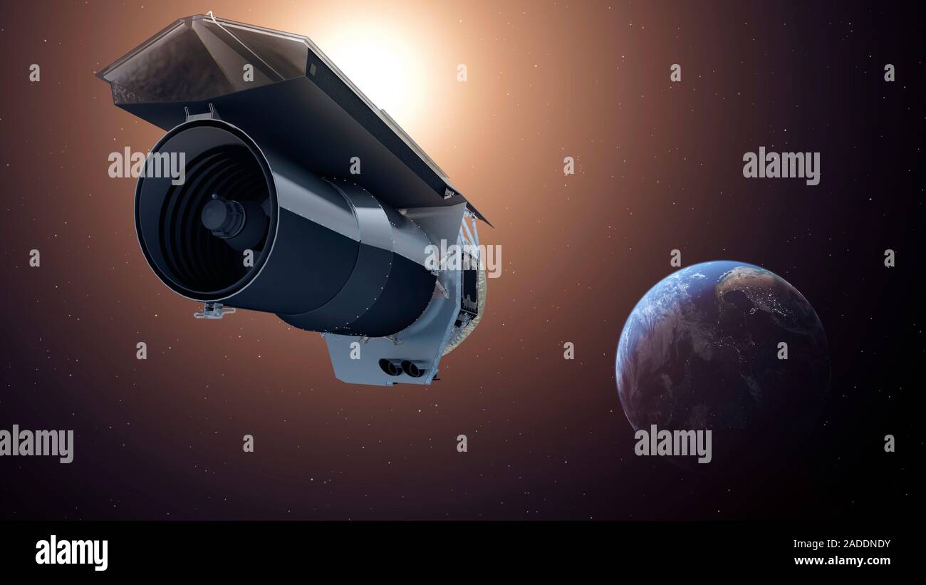 Spitzer Space Telescope (SST) and Earth, illustration. The SST is an ...