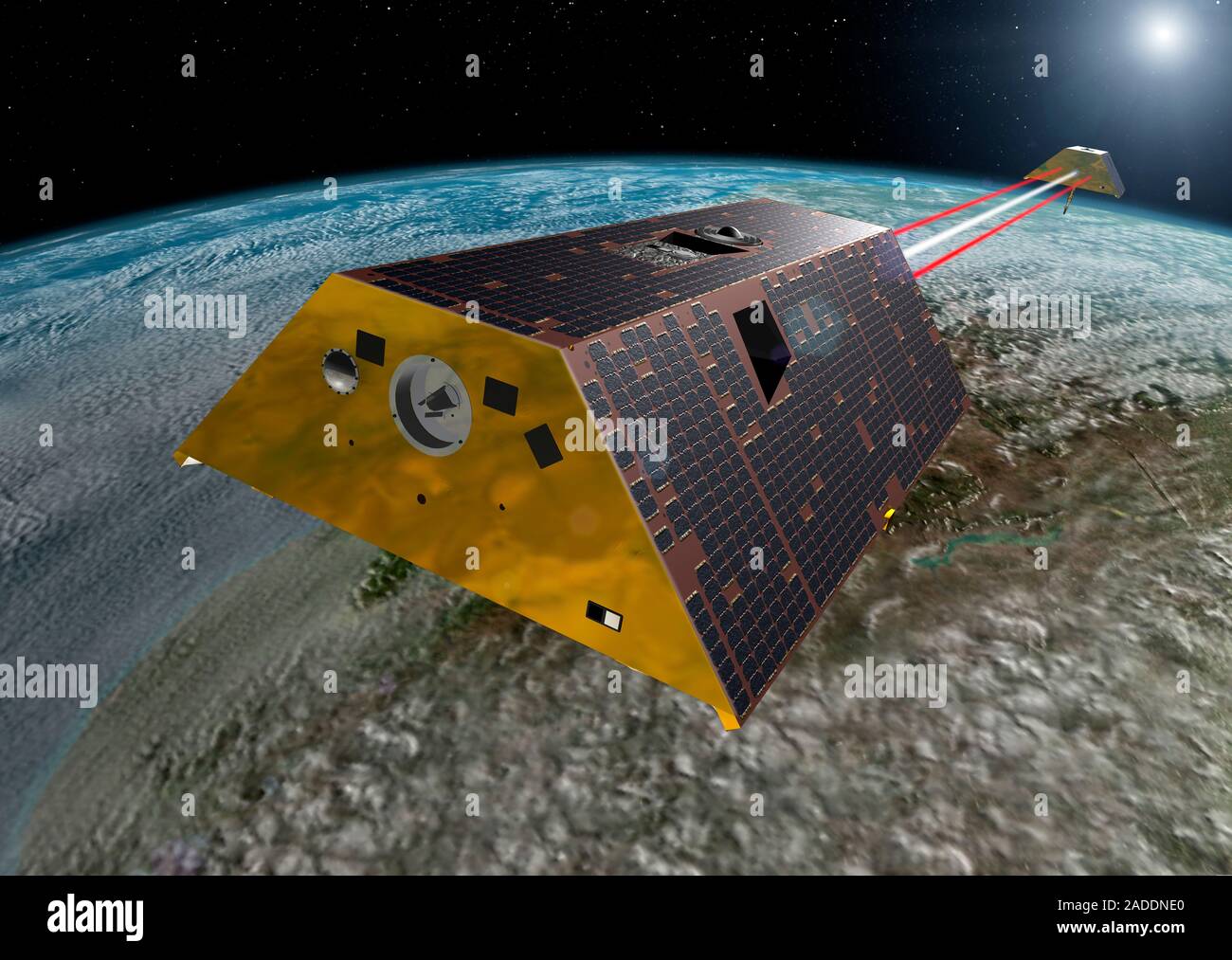GRACE-FO geosciences satellite in Earth orbit, illustration. The ...