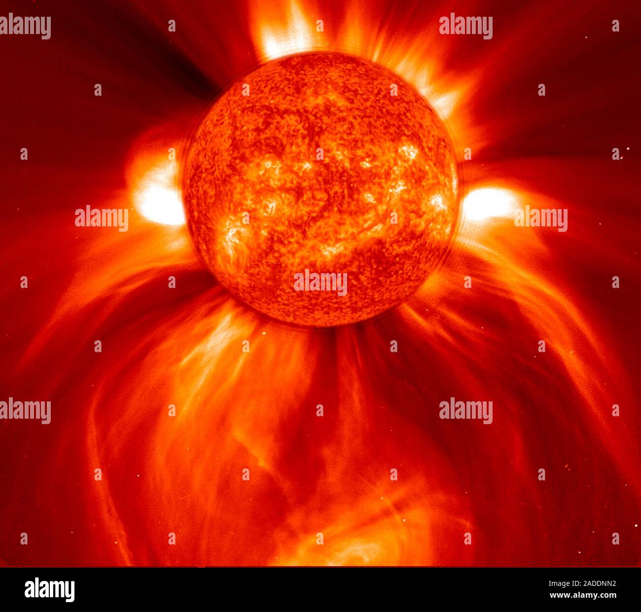 Coronal mass ejection from the Sun, SOHO image. The central image of ...
