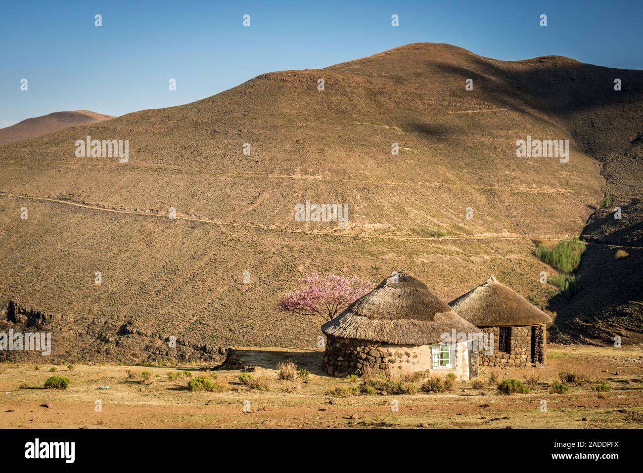 Two traditional village huts in front of a mountain in Lesotho Stock ...