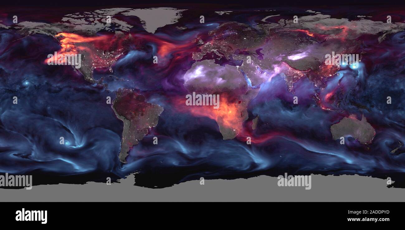 Atmospheric aerosols. Computer model showing the mix of particles in ...
