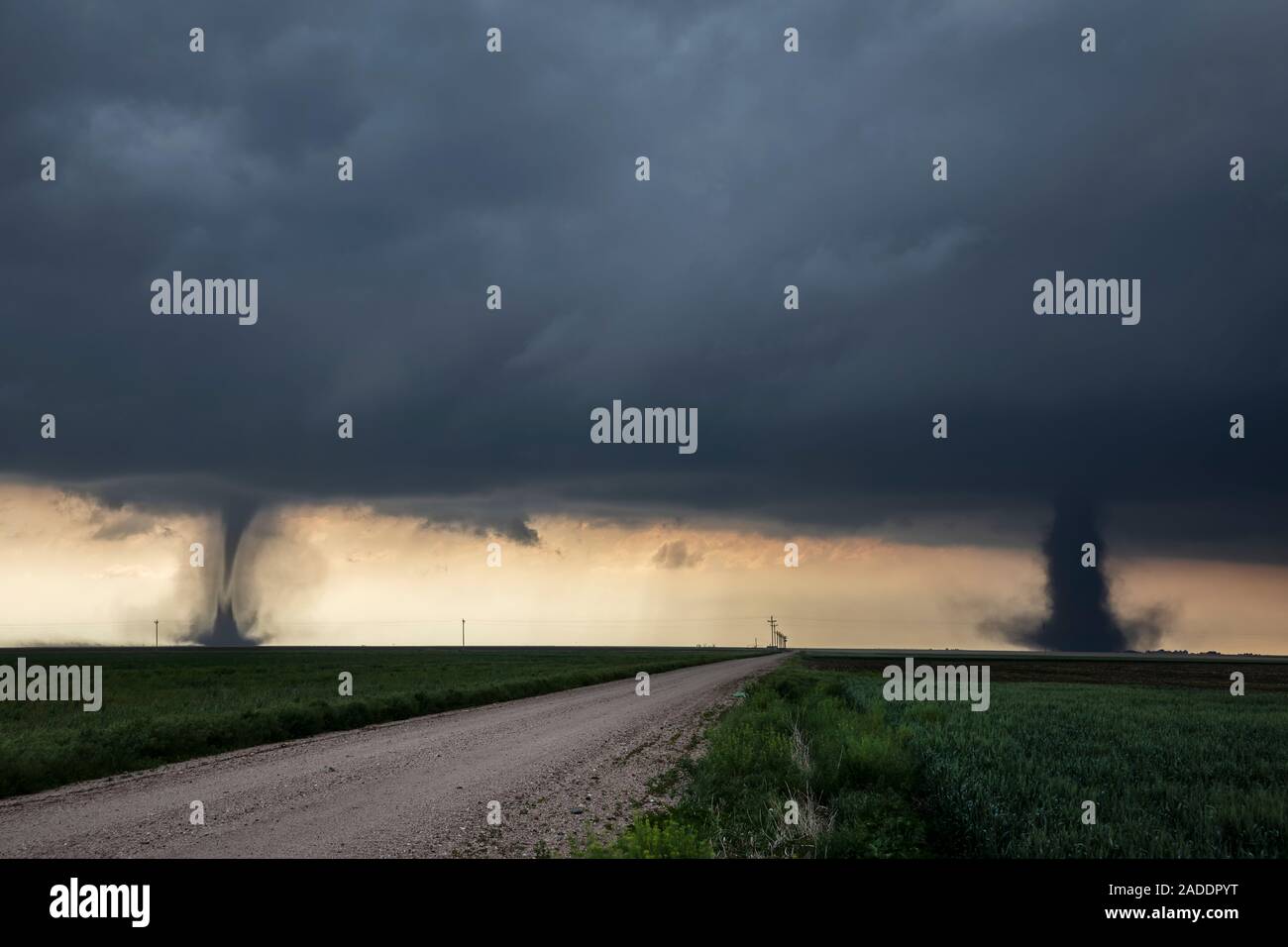 Double tornadoes. Twin tornadoes approaching a road near Seibert, Colorado, USA. Photographed in ...