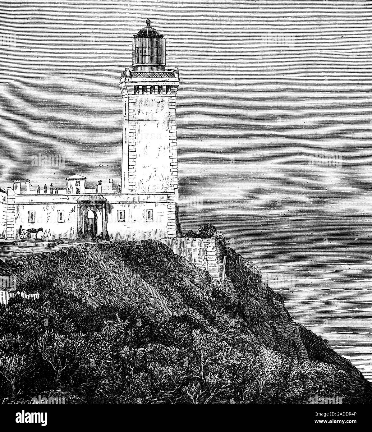 Cape Spartel lighthouse. 1887 illustration of the Cape Spartel ...
