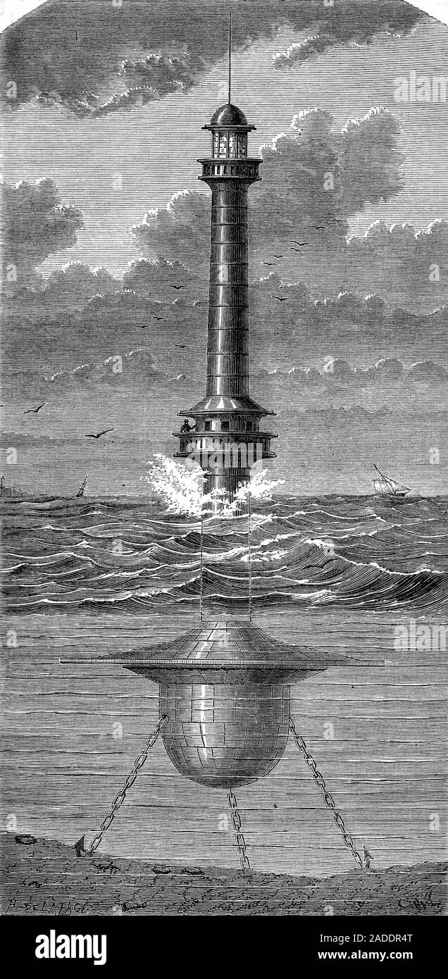 19th Century floating lighthouse. 1887 illustration of a floating ...