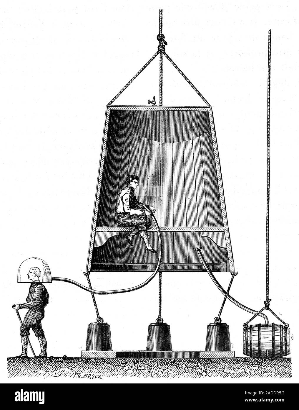 19th Century diving bell. 1887 illustration of men using a diving bell ...