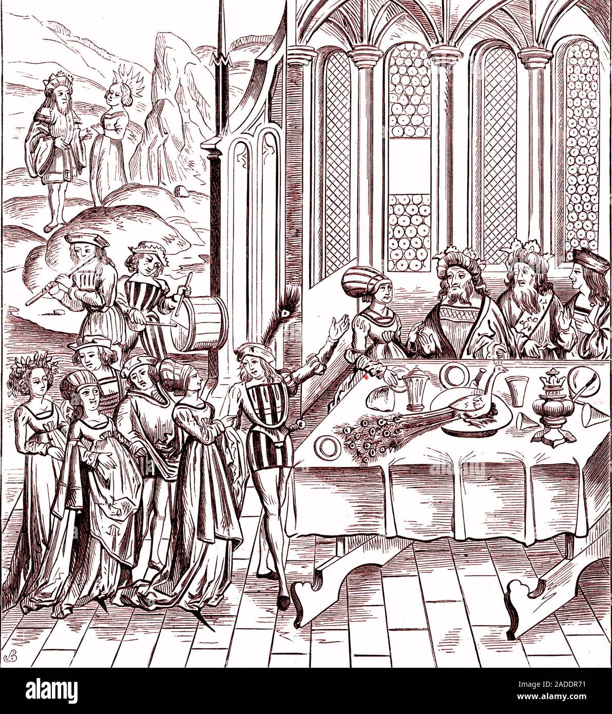 Medieval feast. 1878 illustration by Jost Amman of people attending a ...