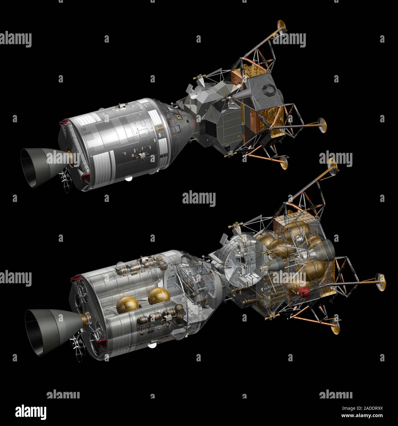 Apollo LM and CSM spacecraft. Illustration in exterior (top) and ...