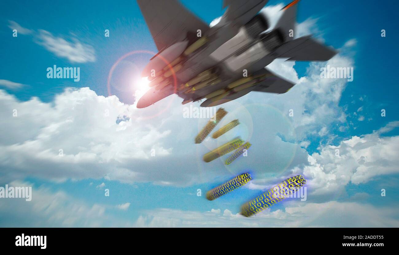 Cyber warfare. Conceptual illustration of an aircraft dropping bombs ...