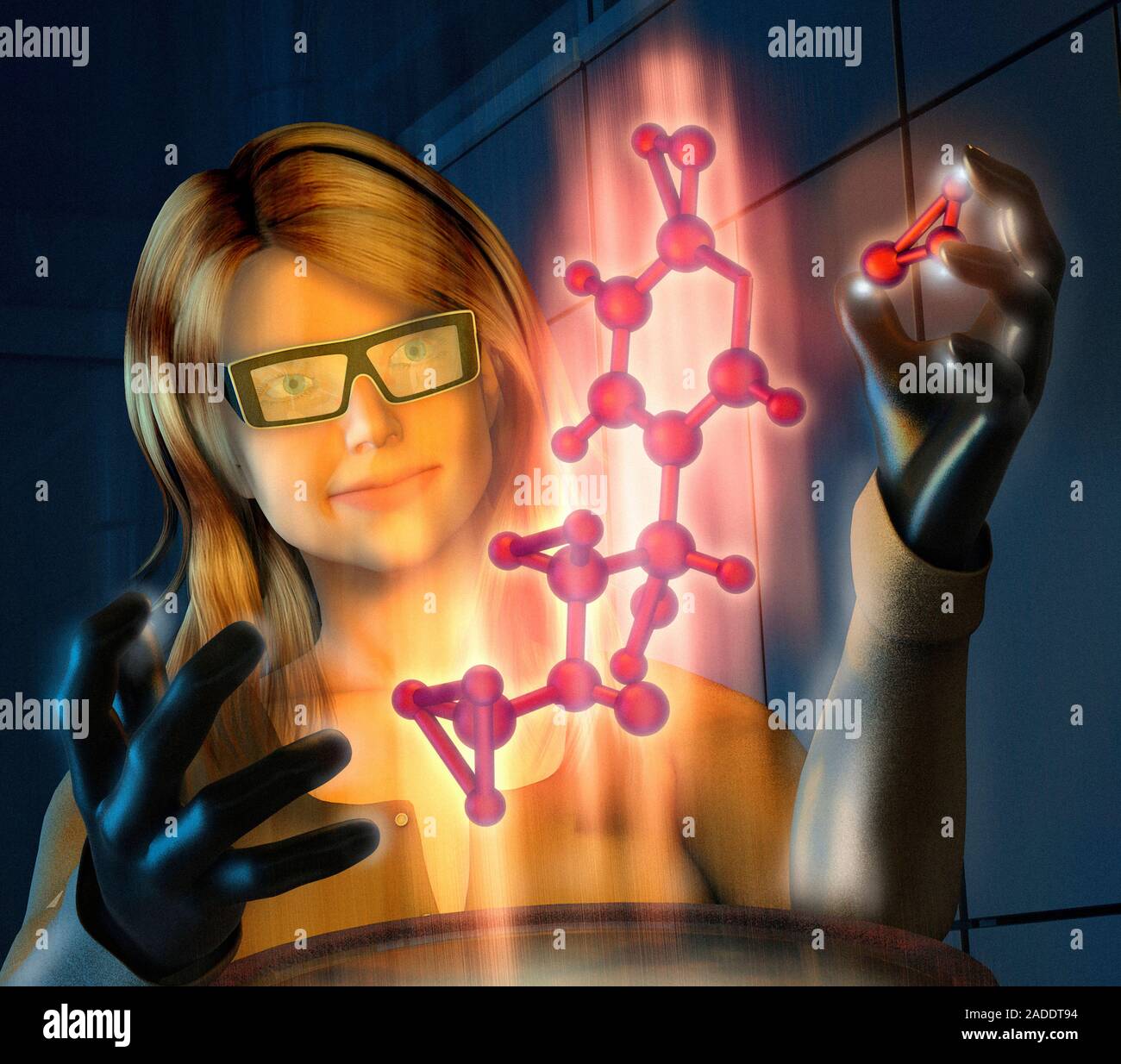 Future chemistry lesson, illustration. Student using futuristic ...