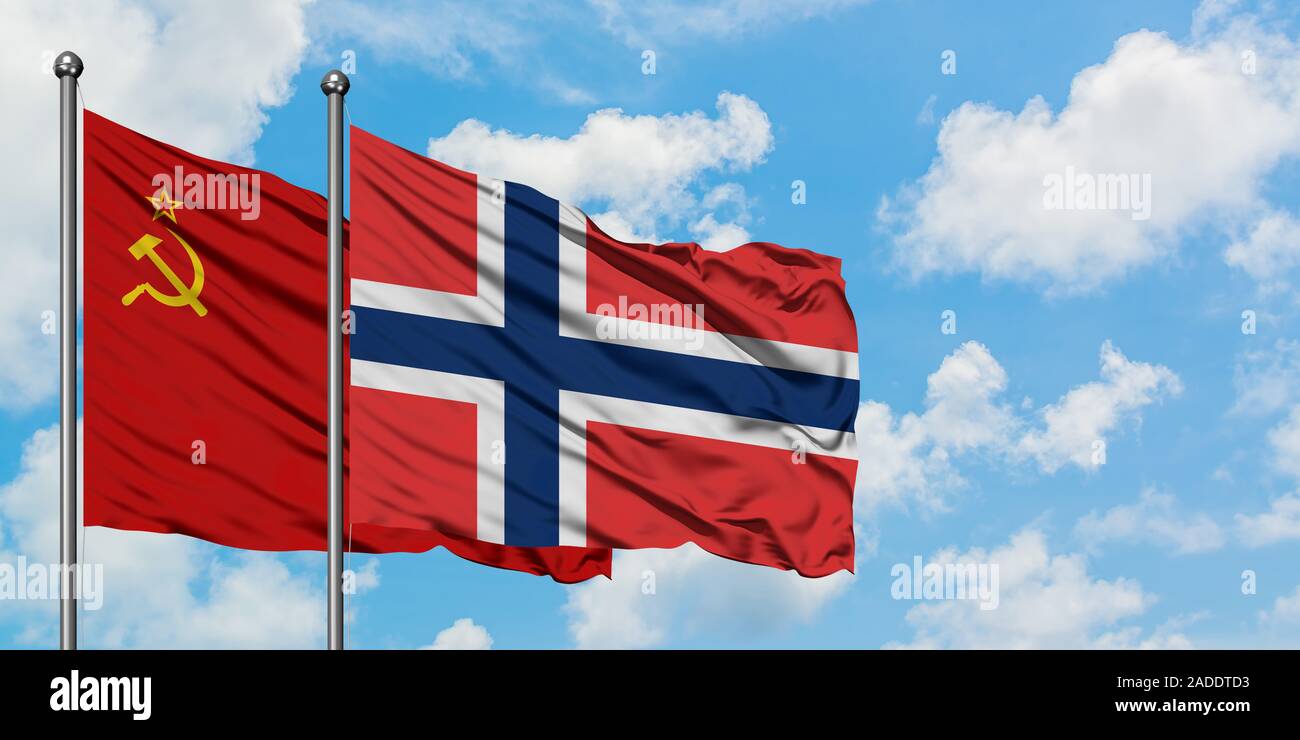 Soviet Union and Norway flag waving in the wind against white cloudy ...