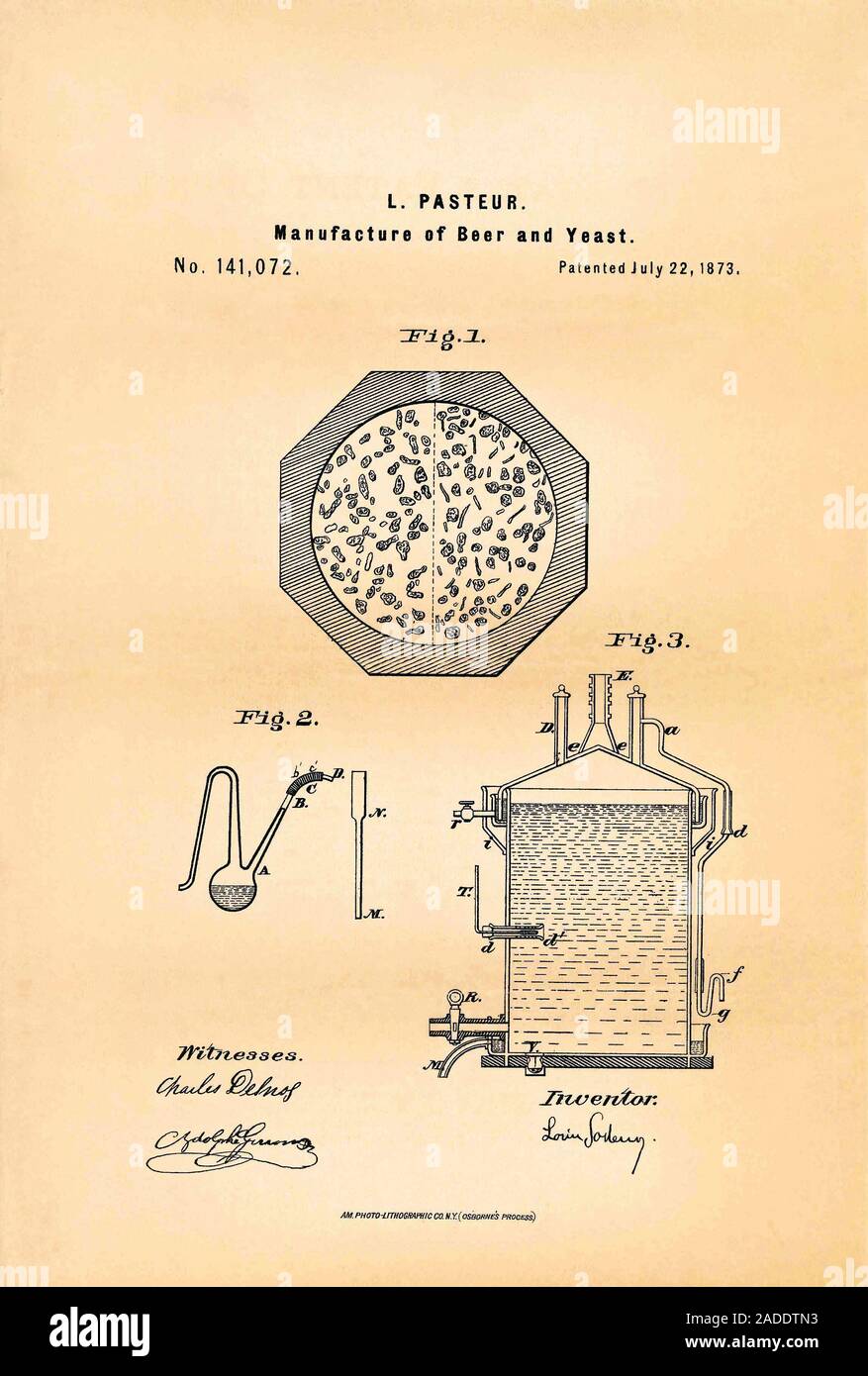 Pasteur's beer fermentation patent, 1873. Printed patent drawings of ...
