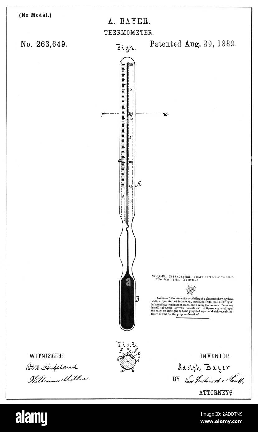 Clinical thermometer patent, 1882. Printed patent drawing of a ...