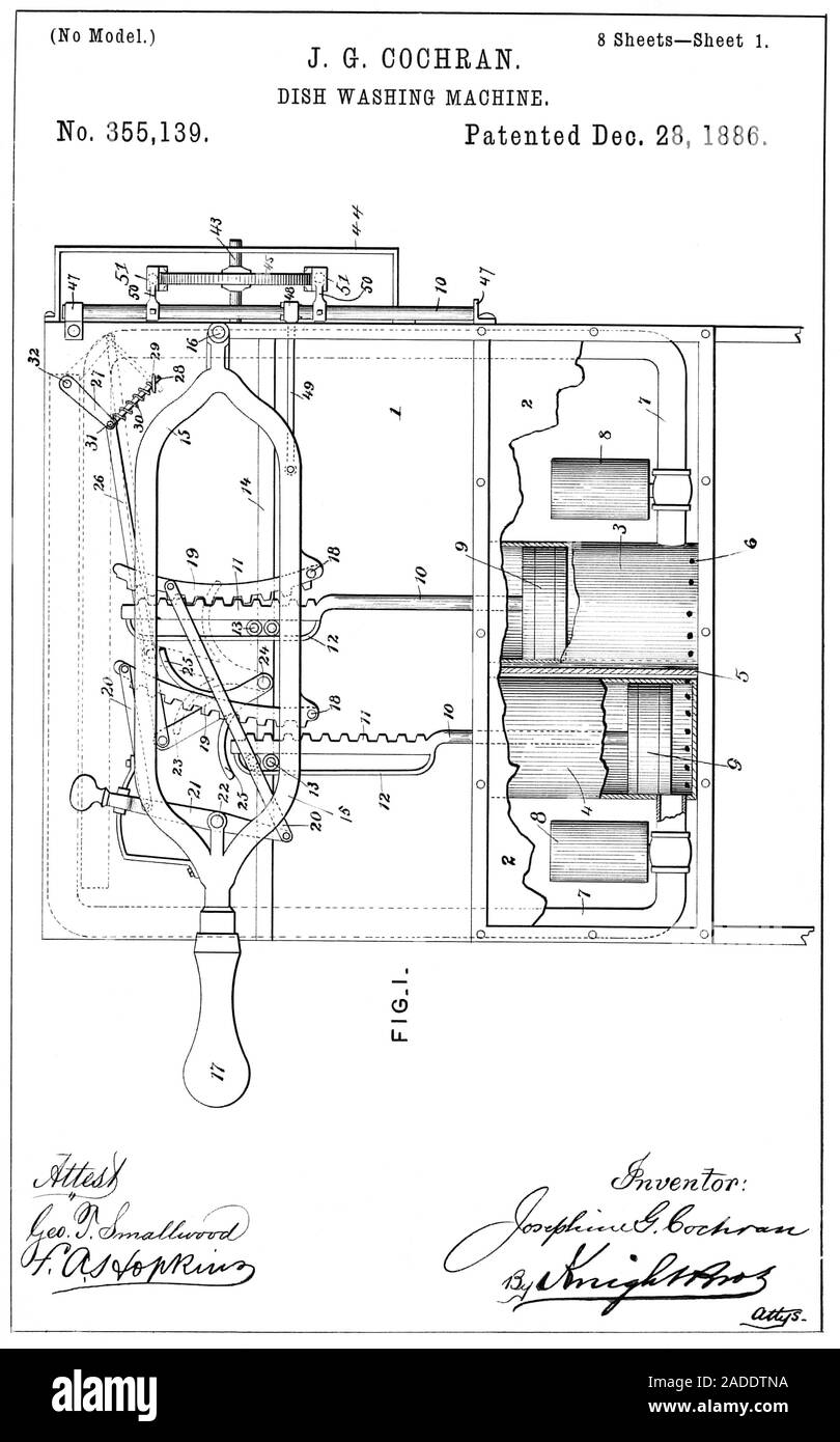 Cochran's dishwasher patent, 1886. Printed patent drawing of the ...