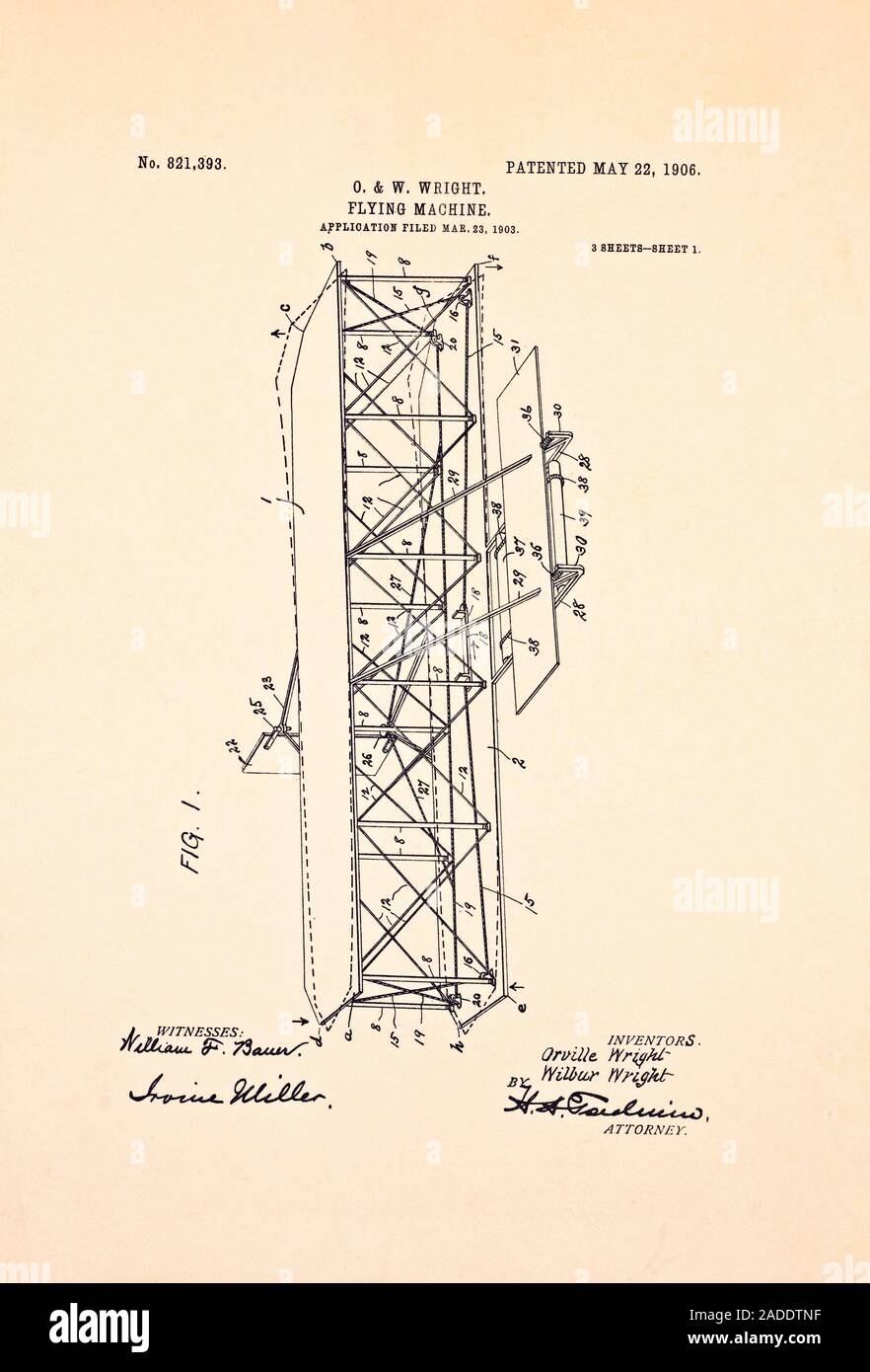 Wright Brothers flying machine patent, 1906. Sheet 1 of 3 of the patent ...