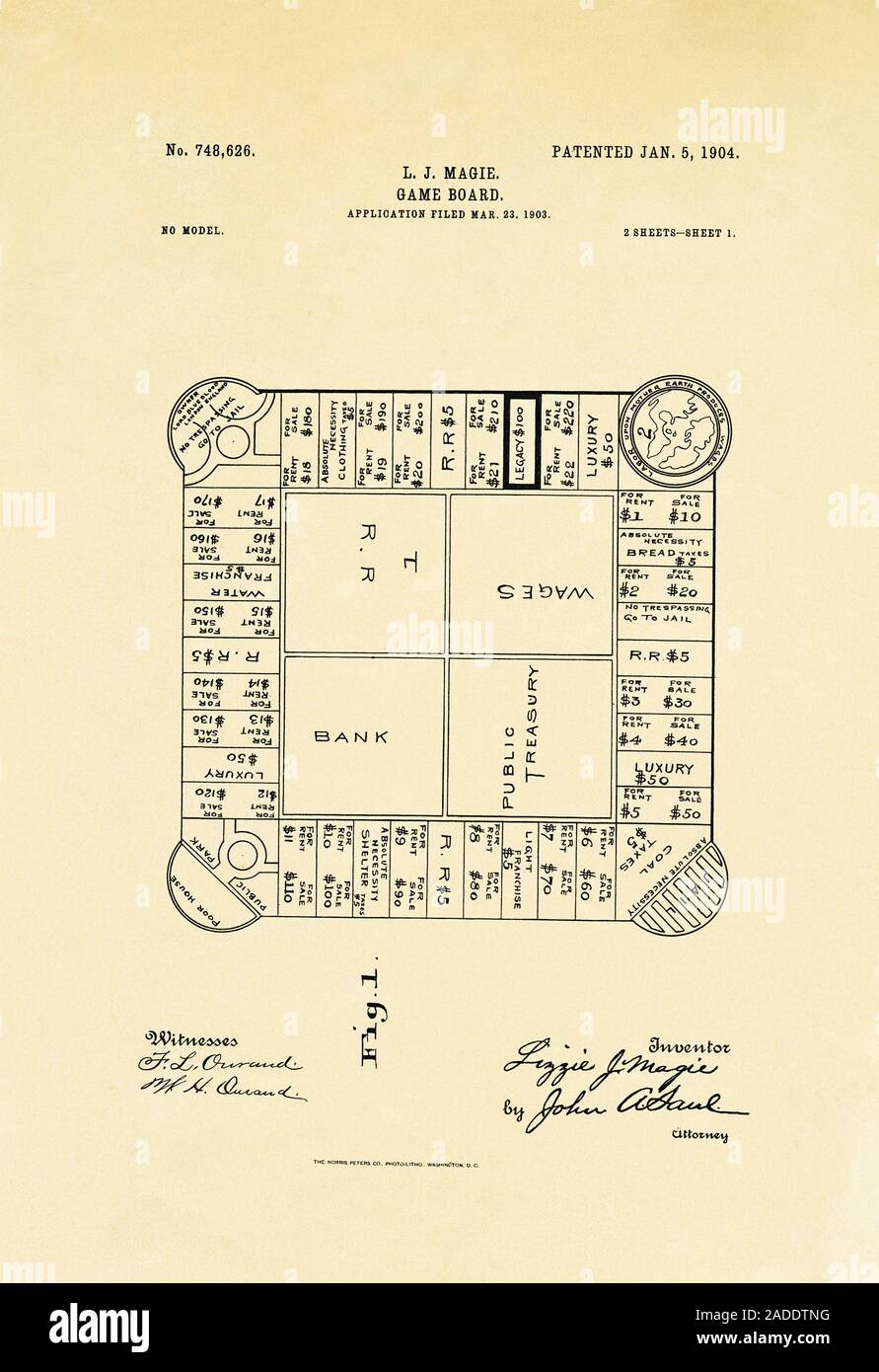 Monopoly-precursor board game patent, 1904. Printed patent drawing of a ...
