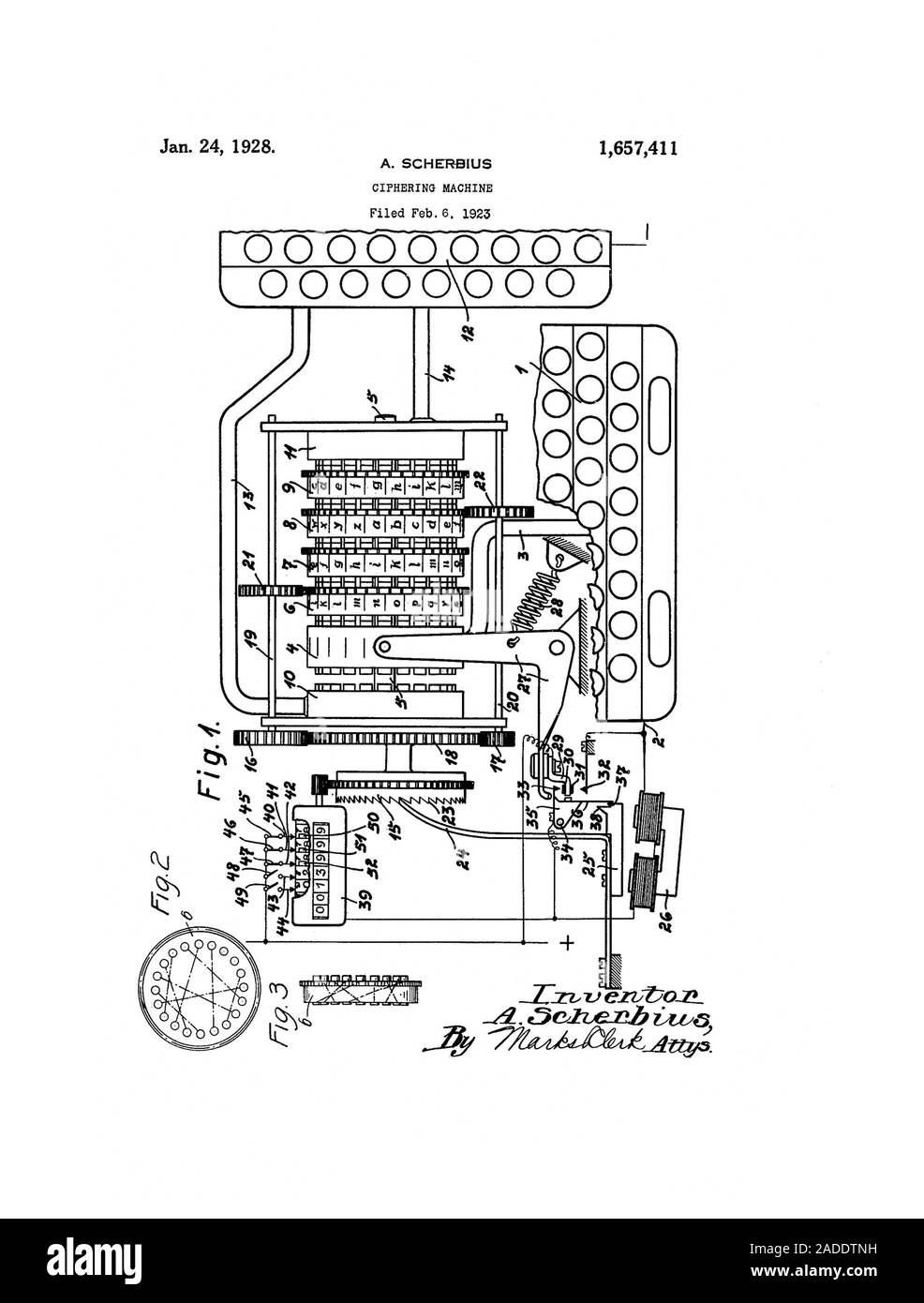 Enigma encryption machine patent, 1928. Printed patent drawings of the ...