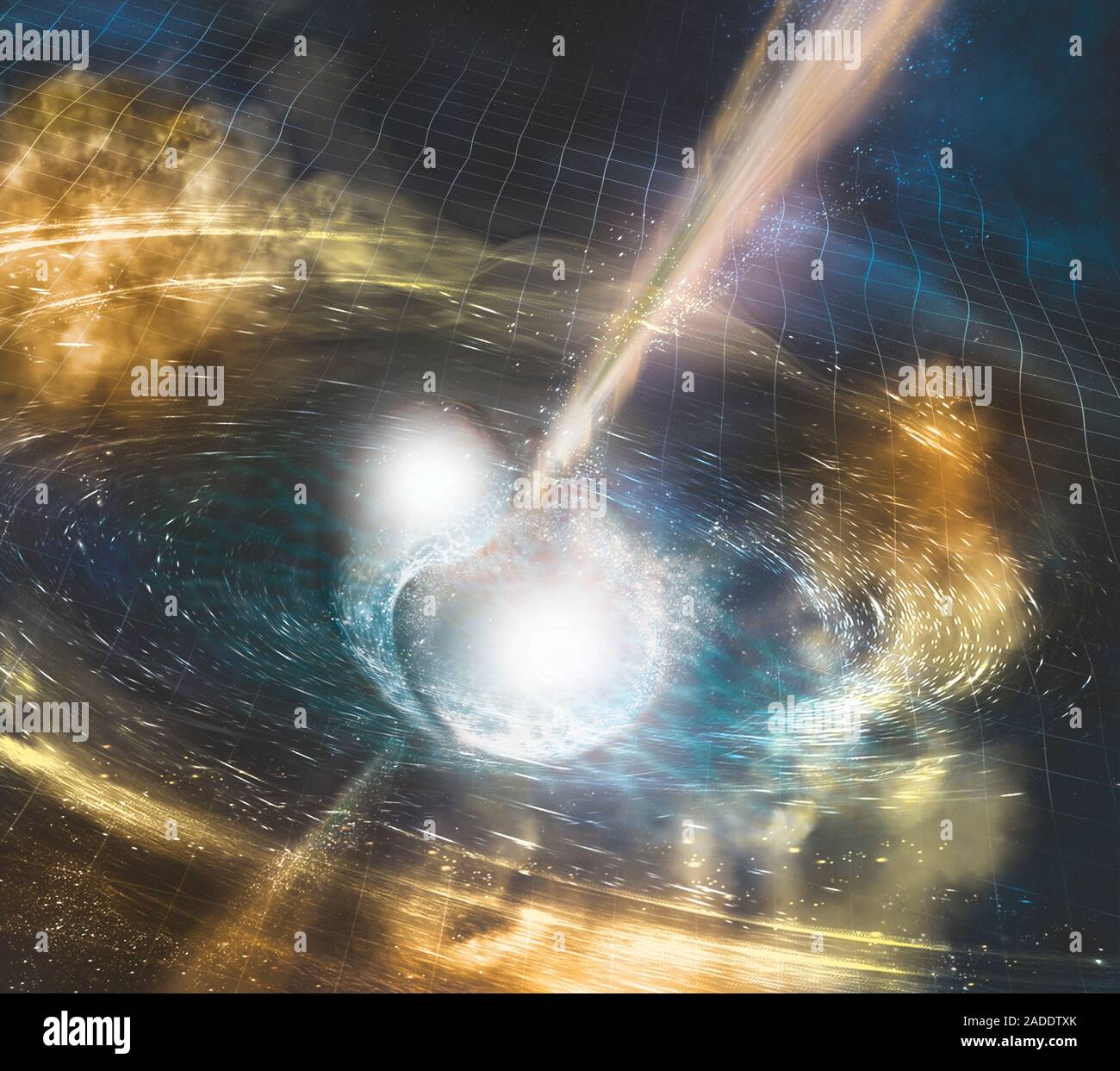 Merging neutron stars, illustration. The grid represents space-time ...