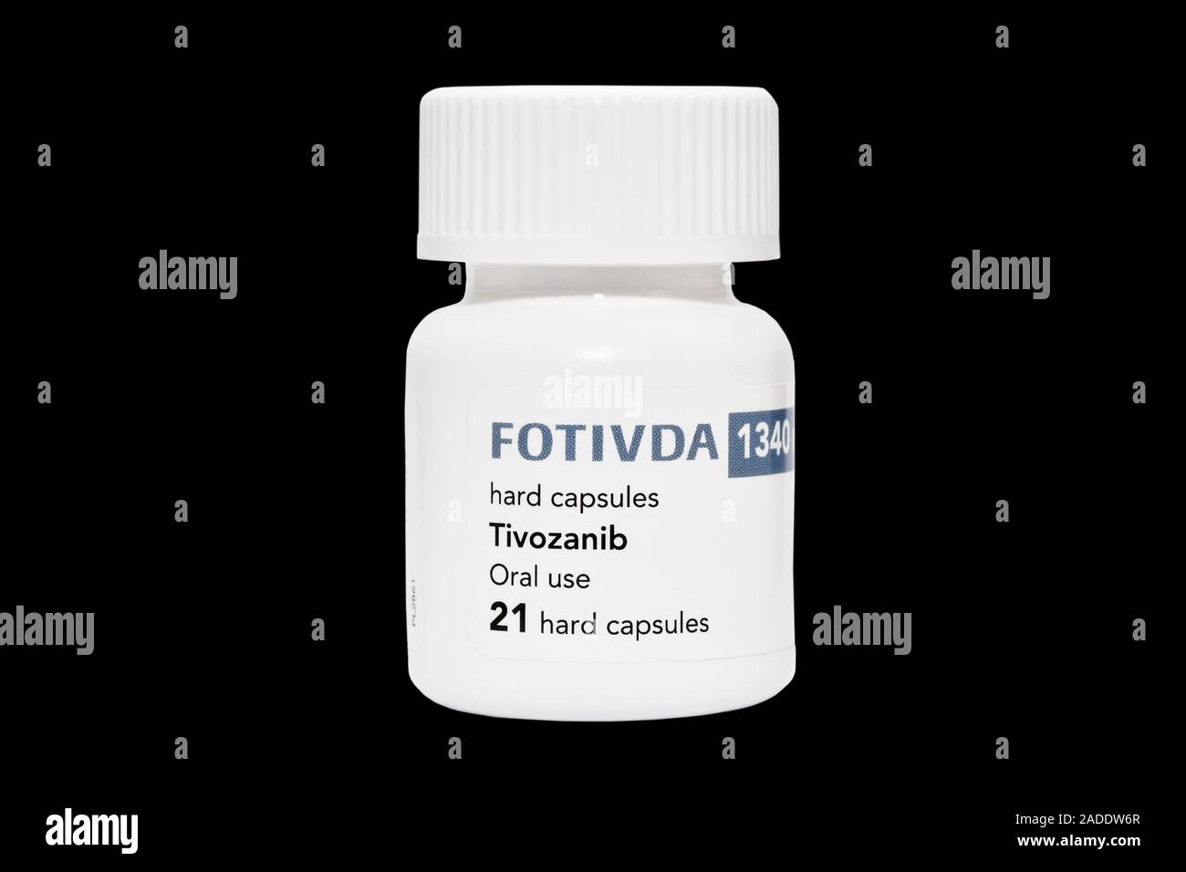 Tivozanib kidney cancer drug. Close-up of a tub containing capsules of ...