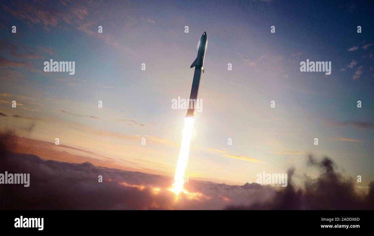 Big Falcon Rocket in flight, artwork. The upper section forms the ...