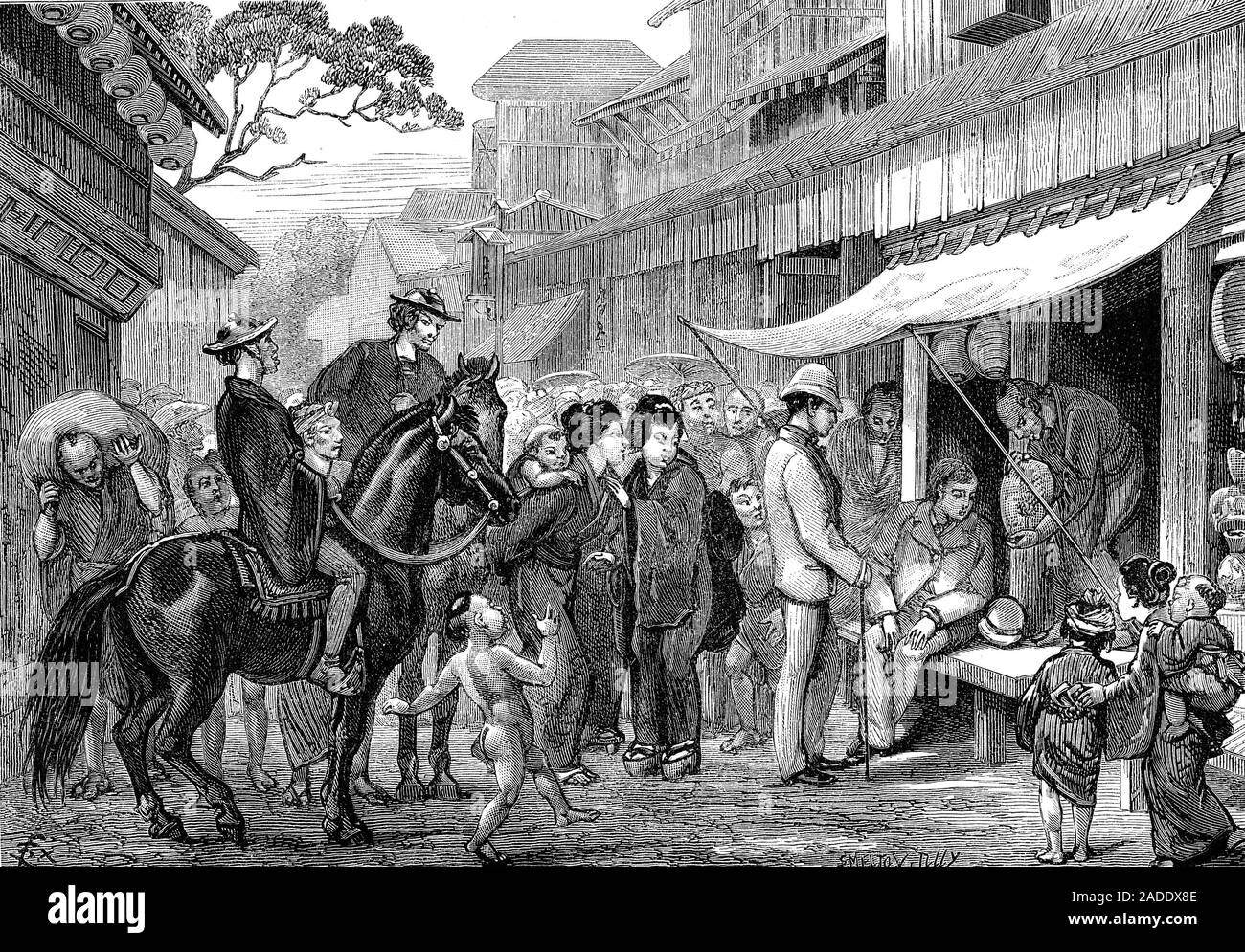 Yokohama street scene, Japan, 1860s. 19th-century illustration of ...