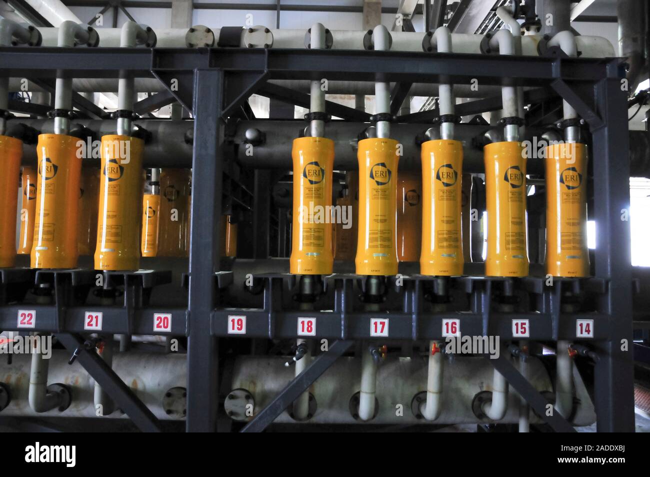 Desalination plant. Preliminary salt removal filters. This facility ...