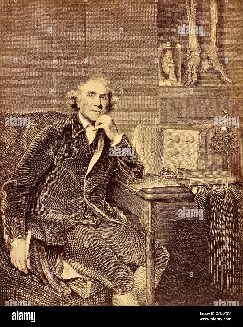 John Hunter (1728-1793), Scottish surgeon and anatomist, seated at his ...