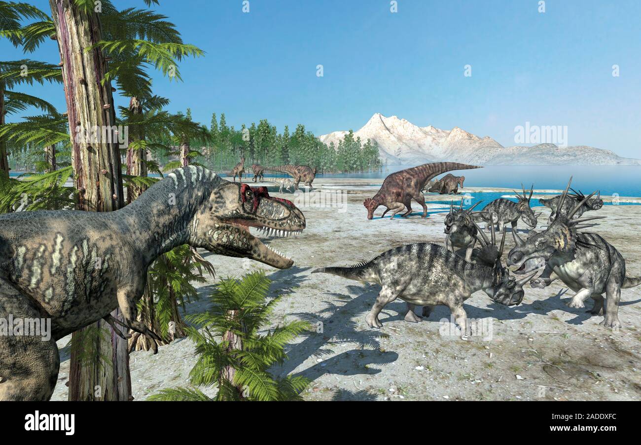 The 'Golden Age of Dinosaurs', illustration. The Cretaceous period ...