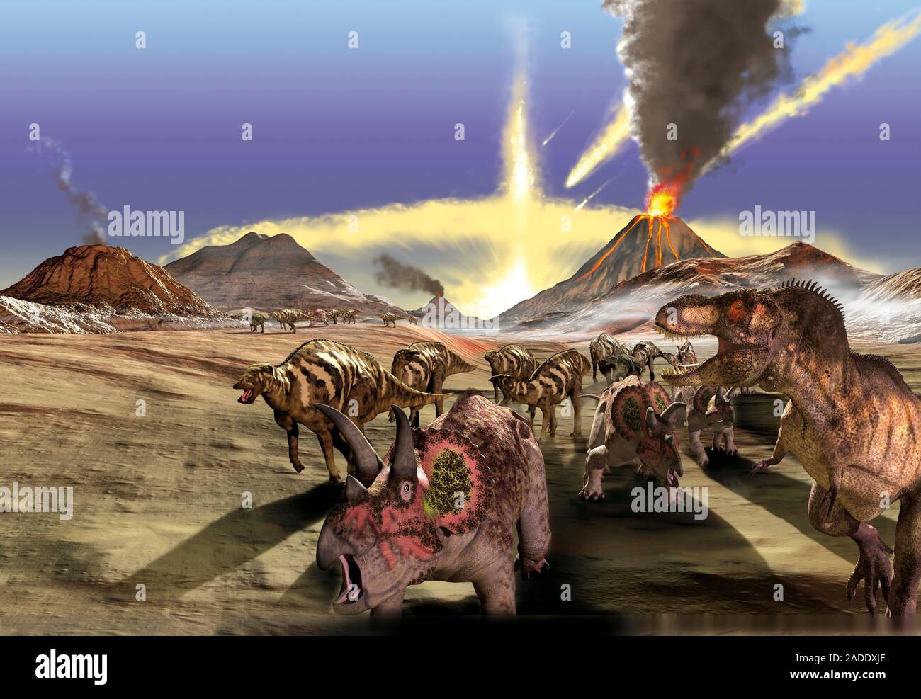 Dinosaur Extinction, illustration. 65 million years ago, at the end of the Cretaceous period ...
