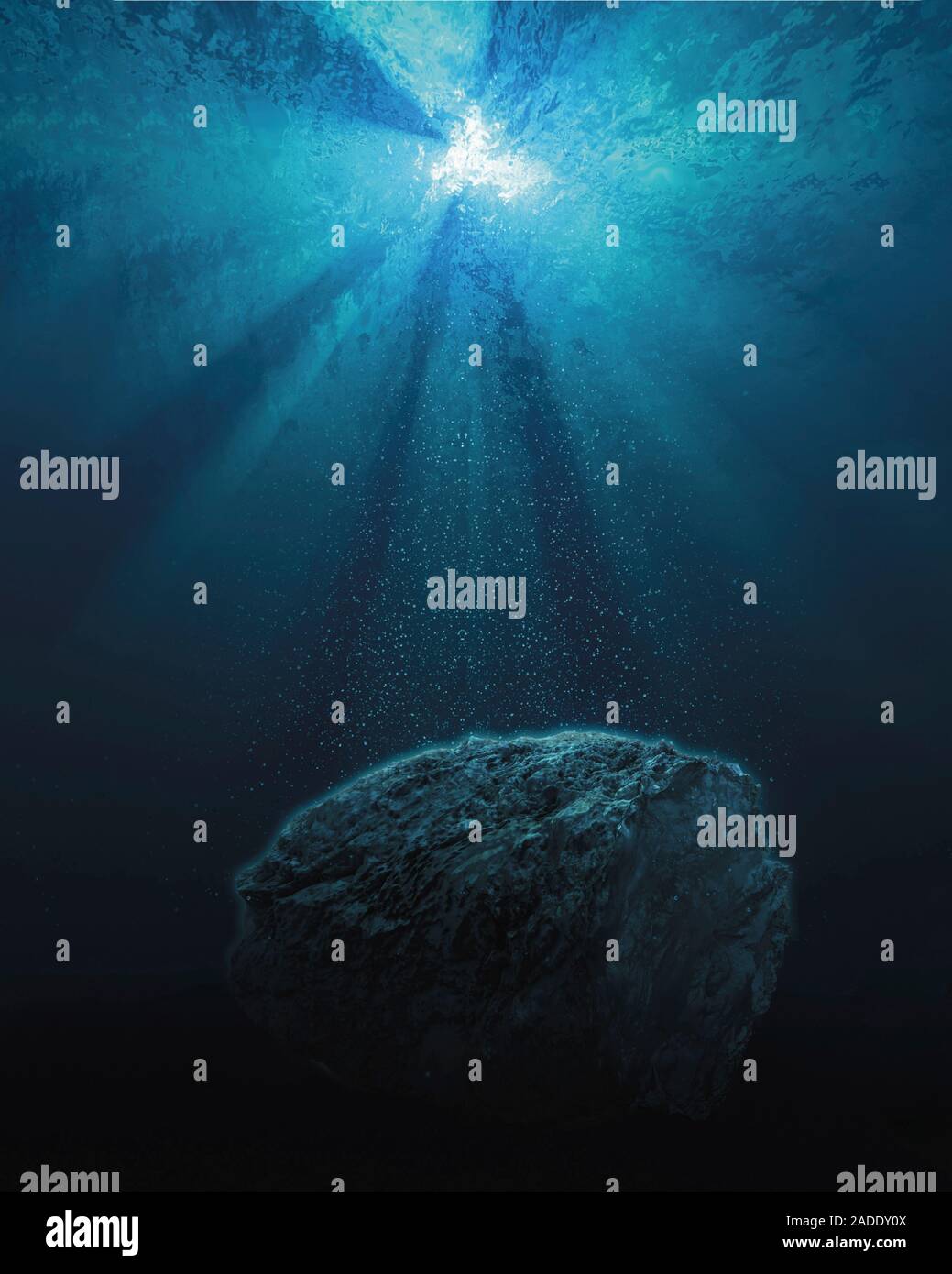 Meteorite at bottom of ocean, computer illustration. The impact of such ...