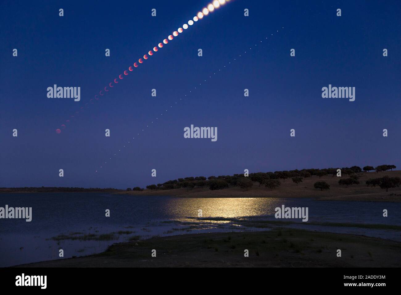 Total lunar eclipse and Mars, time-lapse image. The Moon is the upper ...