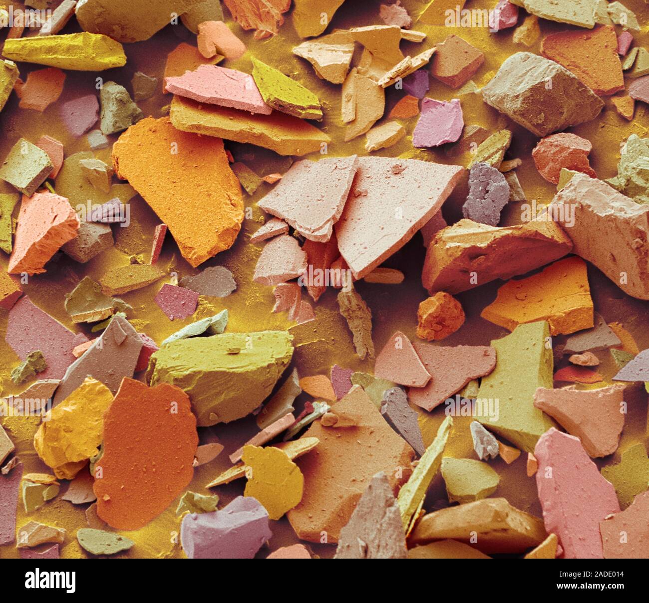 Micaceous iron oxide. Coloured scanning electron micrograph (SEM). A ...