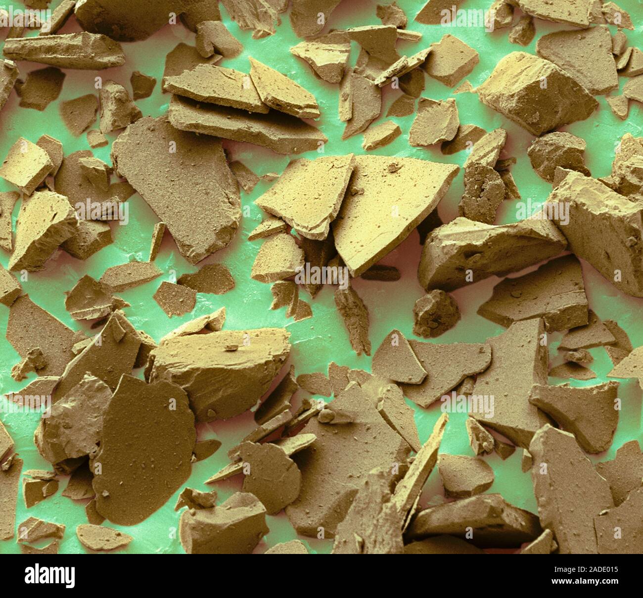 Micaceous iron oxide. Coloured scanning electron micrograph (SEM). A ...