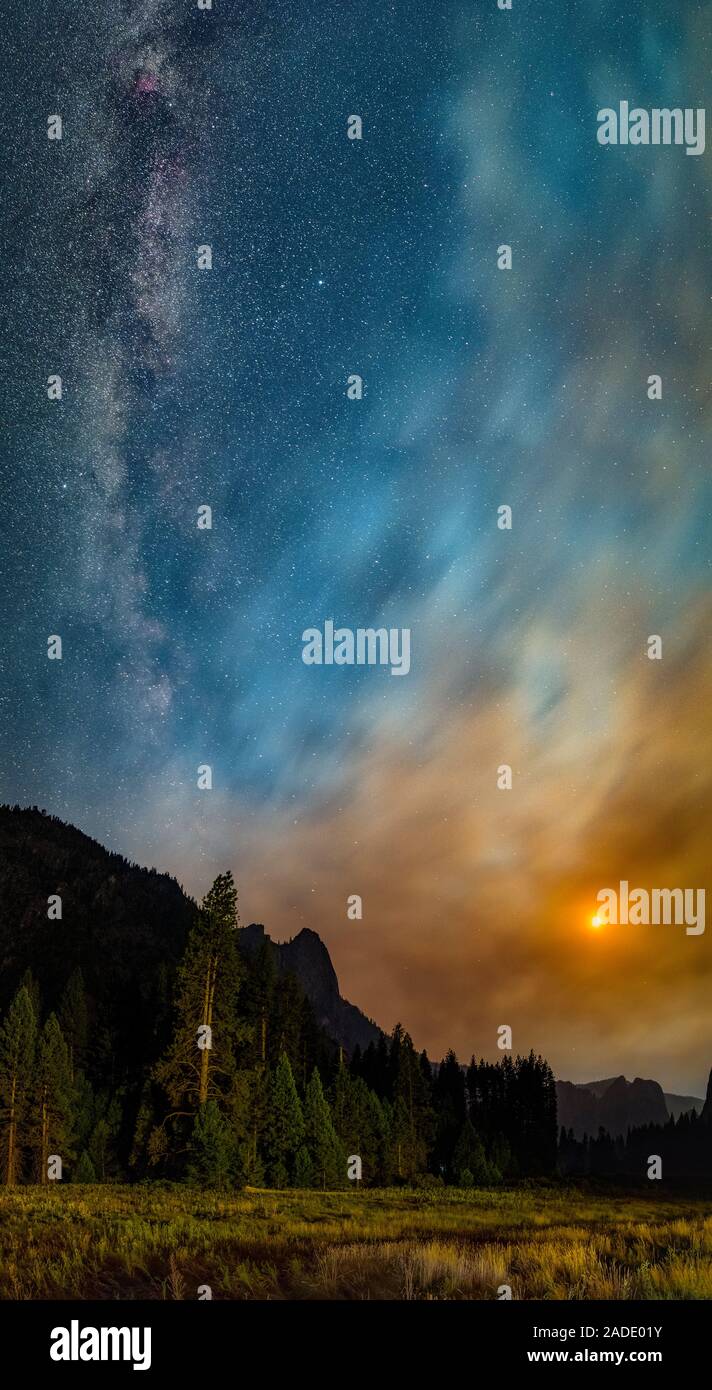 Milky Way and Moon over Yosemite National Park. The Milky Way (left) in ...