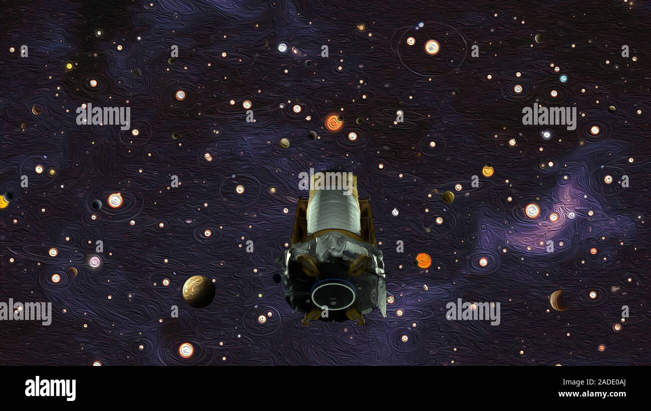 Illustration of the Kepler space telescope surrounded by planets. The ...
