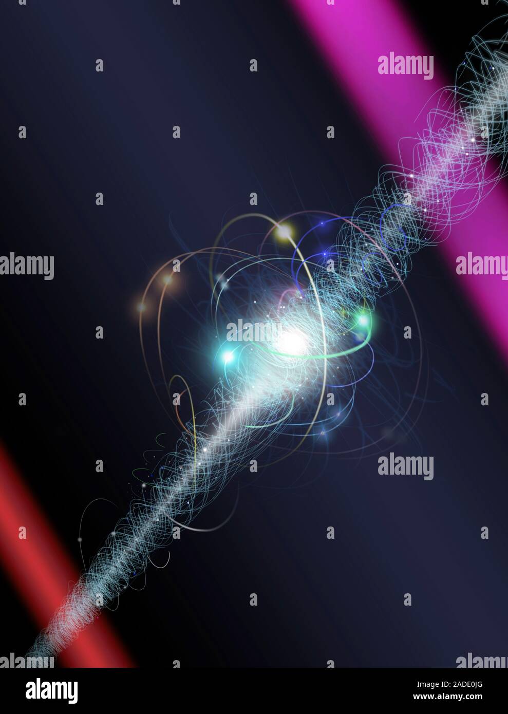 Electron orbit particle cloud laser experiment, illustration. At centre ...