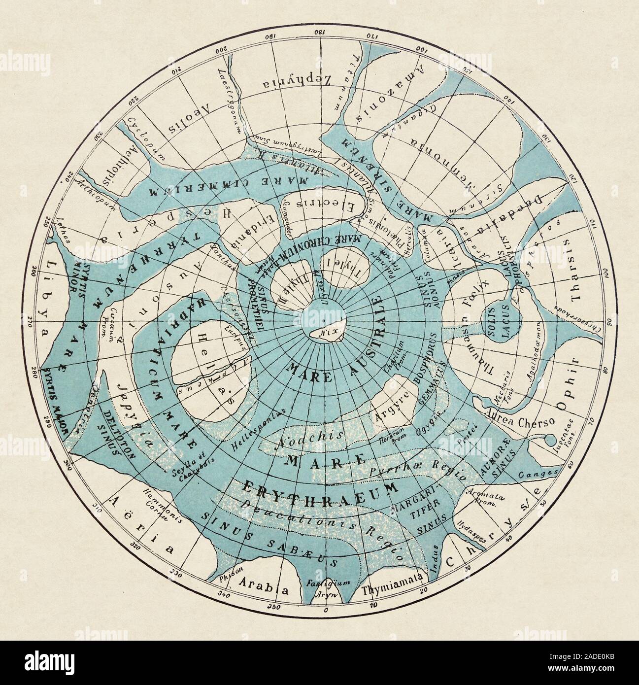 Schiaparelli's Mars map of the entire southern Mars sphere ...