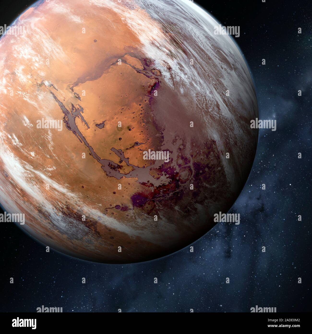 Terraforming Mars, illustration. The planet Mars with oceans of liquid ...