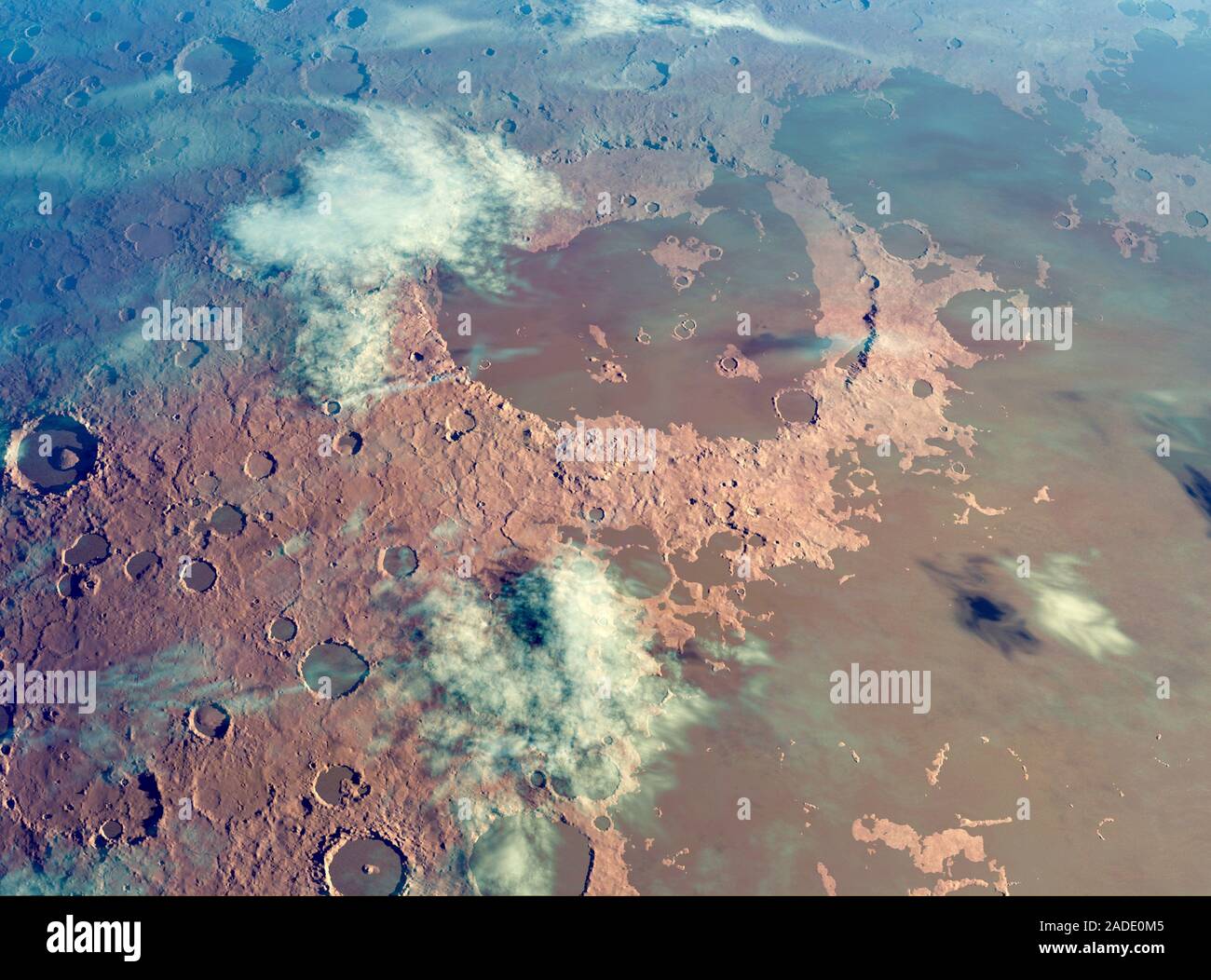 Terraforming Mars, illustration. Crater Schiaparelli is filled with ...