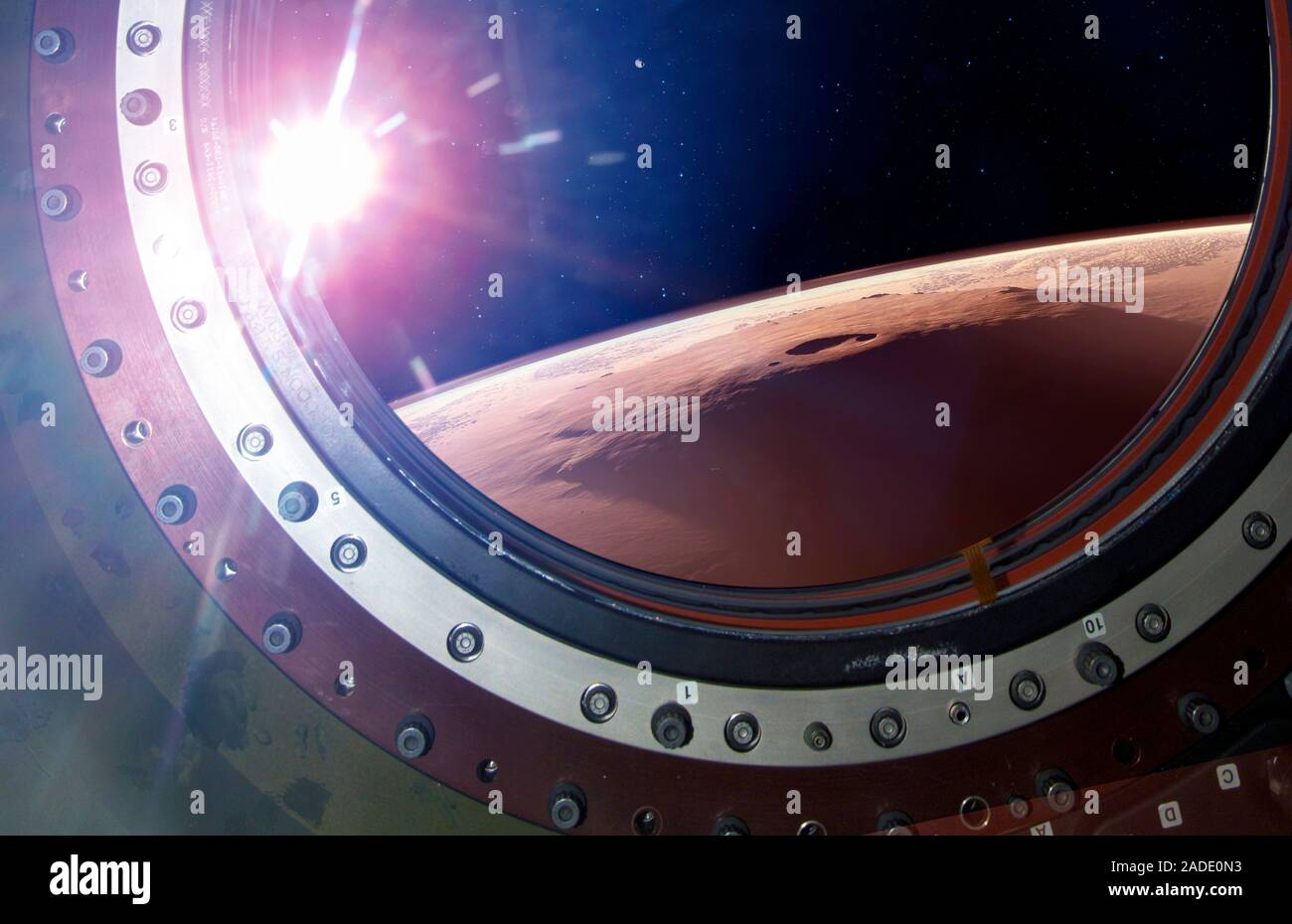 Olympus Mons, Mars, through spacecraft window, illustration Stock Photo ...