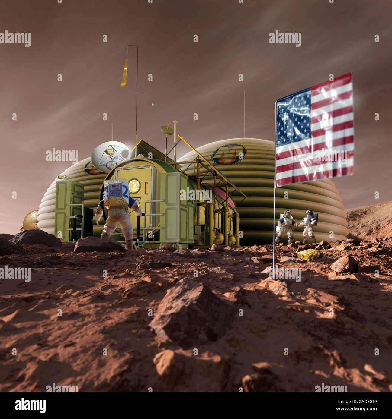 Astronauts and Mars base, illustration. Astronauts exploring the ...