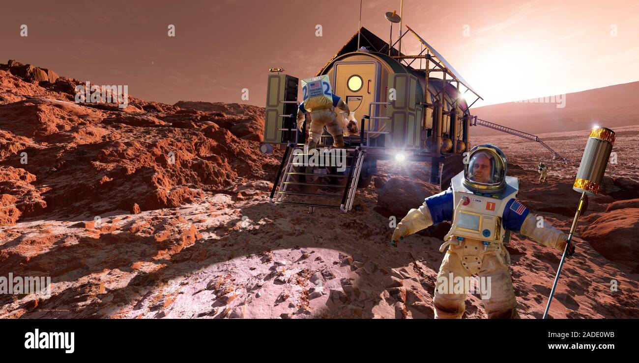 Astronauts on Mars, illustration. Astronauts exploring the Martian ...