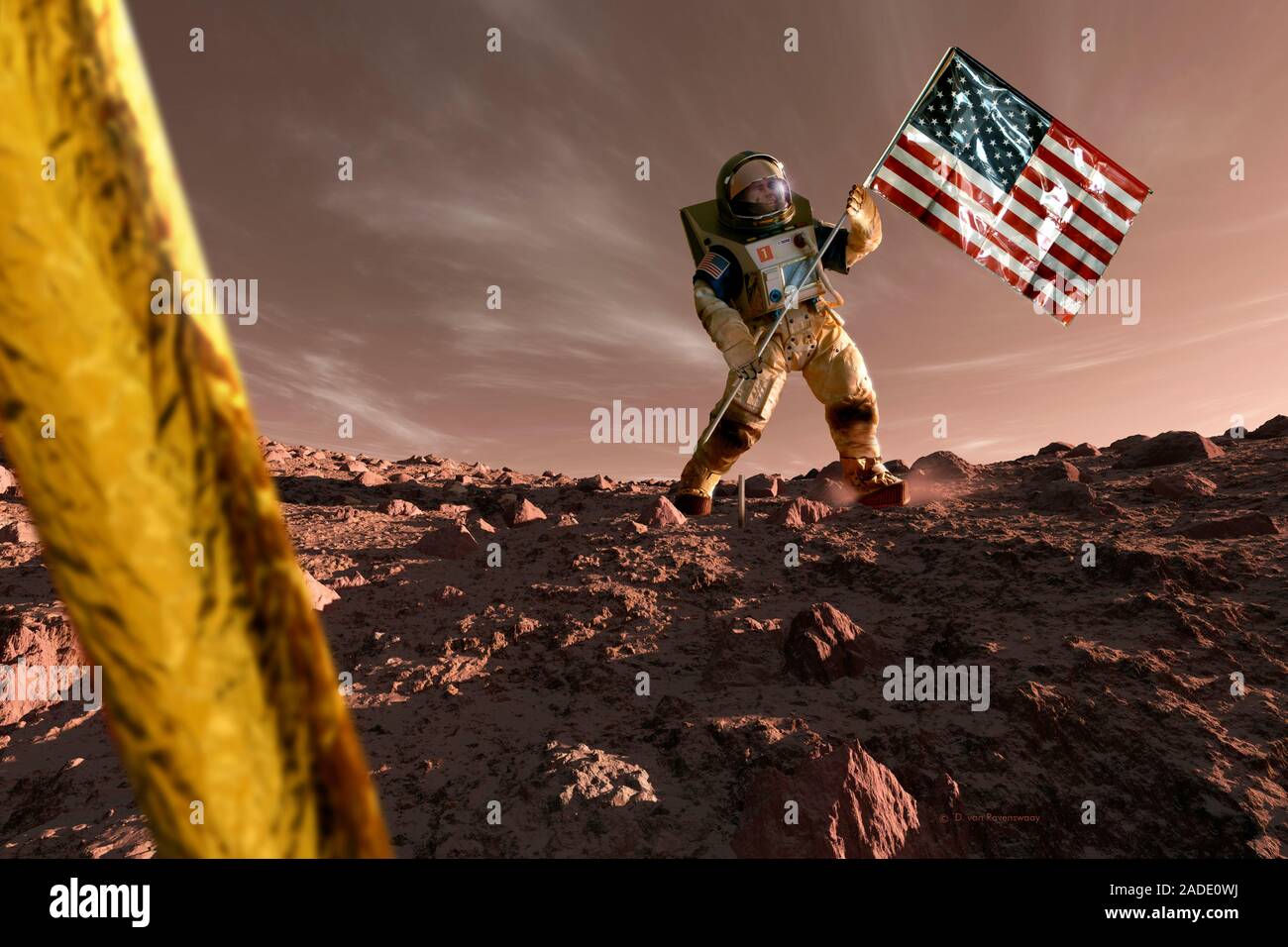 Astronaut on Mars with US flag, illustration Stock Photo - Alamy