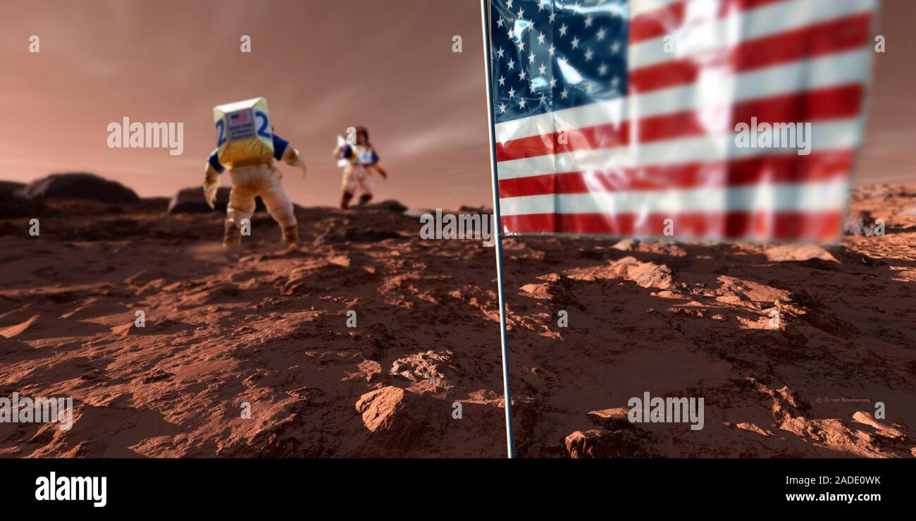 Astronauts on Mars with US flag, illustration Stock Photo - Alamy
