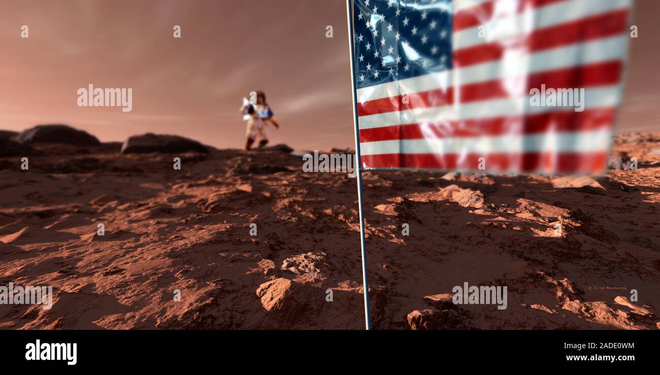 Astronauts on Mars with US flag, illustration Stock Photo - Alamy