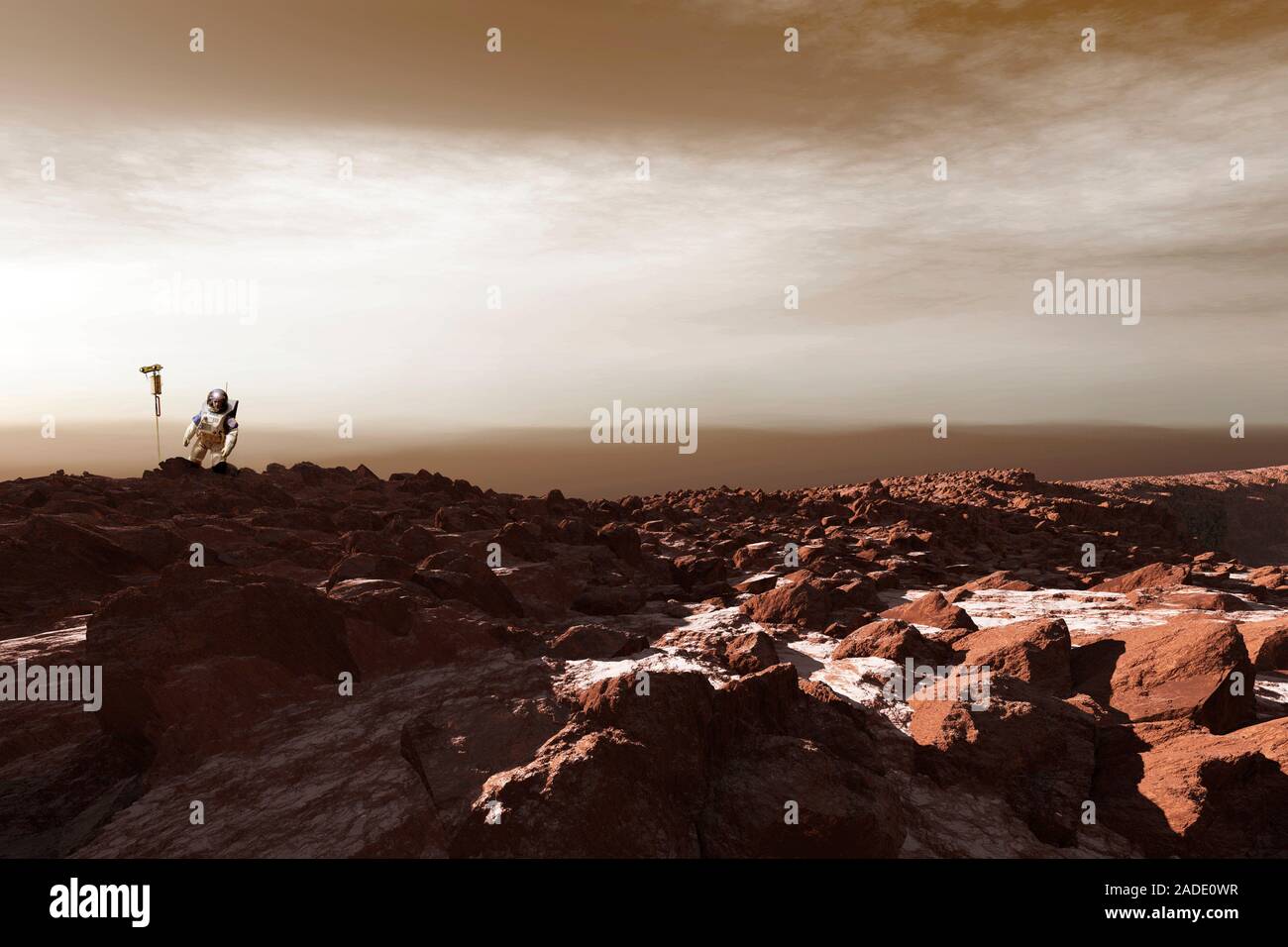 Astronaut climbing rim of Olympus Mons, Mars, illustration Stock Photo ...